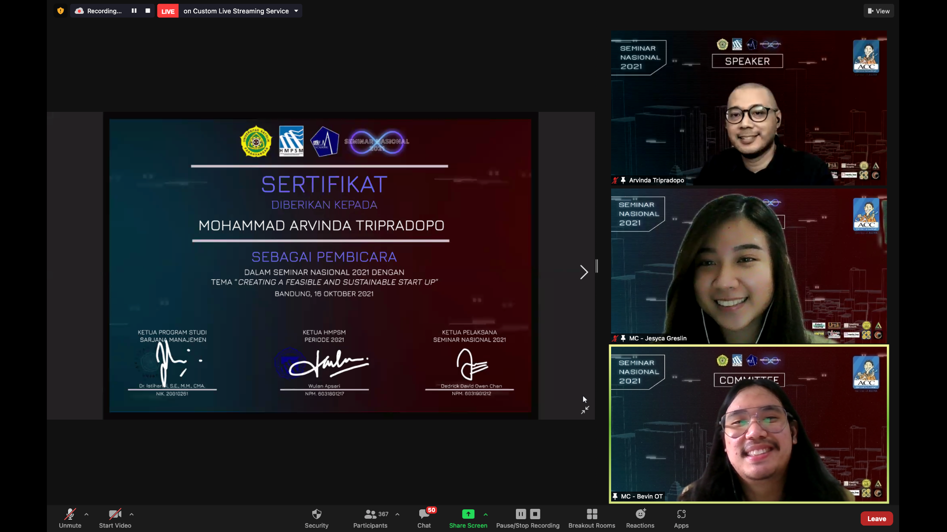 Seminar Nasional 2021 “Creating a Feasible and Sustainable Startup.” - Fakultas Ekonomi