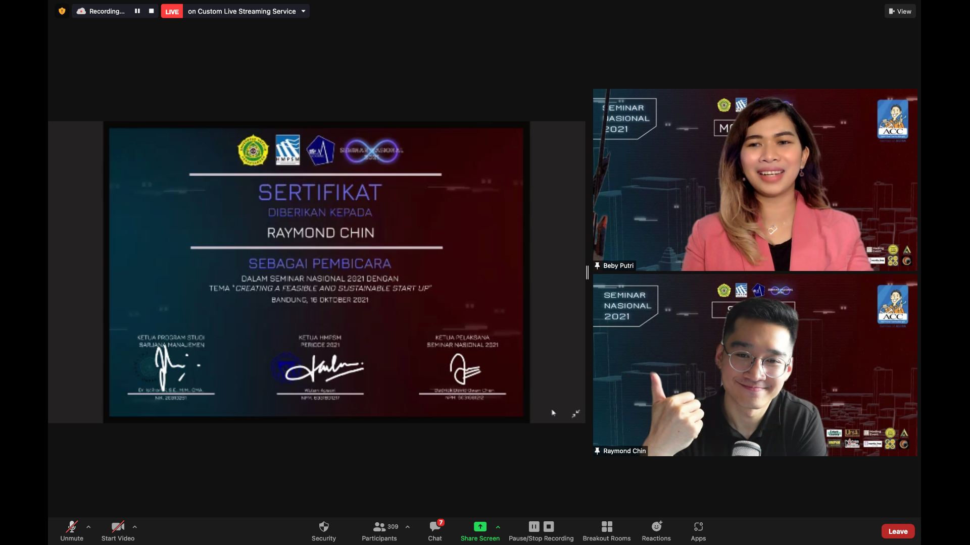 Seminar Nasional 2021 “Creating a Feasible and Sustainable Startup.” - Fakultas Ekonomi